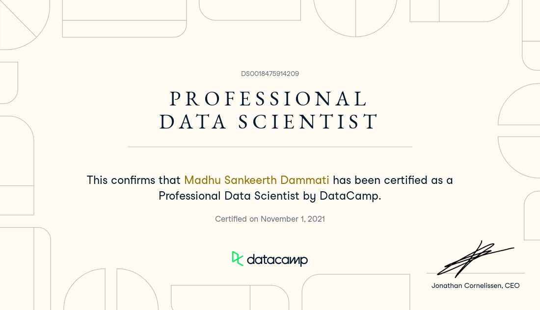 Madhu Sankeerth Dammati's Professional Data Scientist certificate
