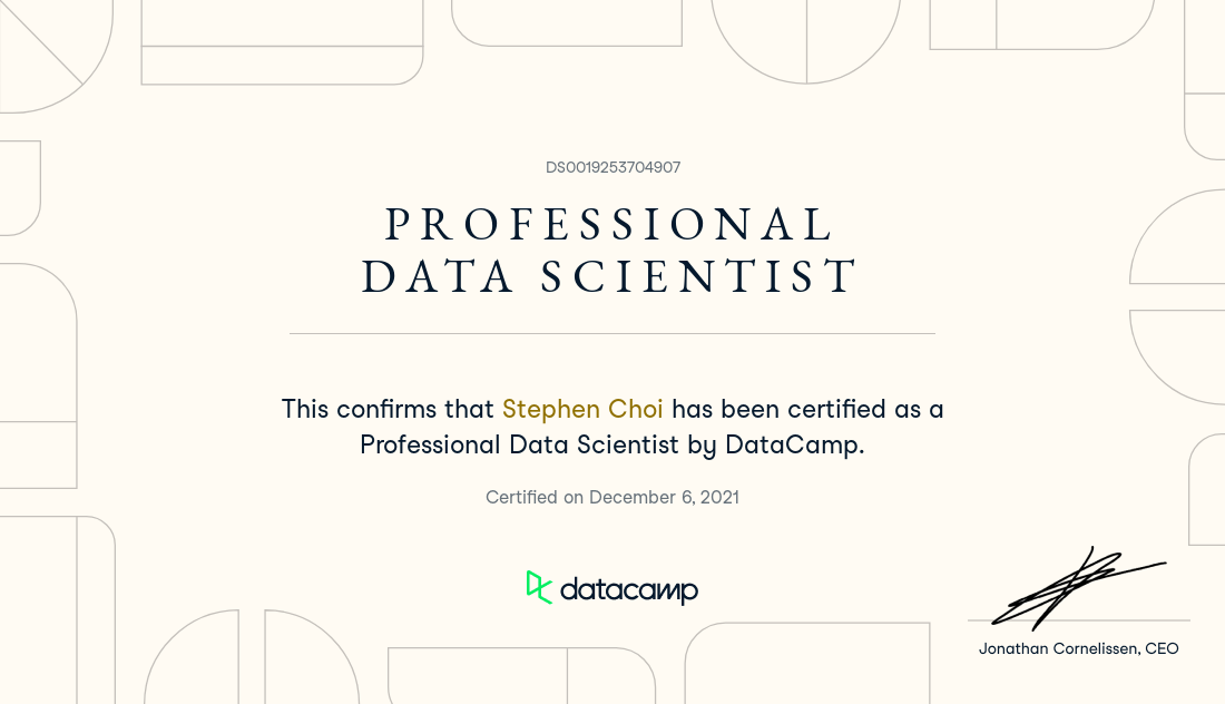 Stephen Choi's Professional Data Scientist certificate